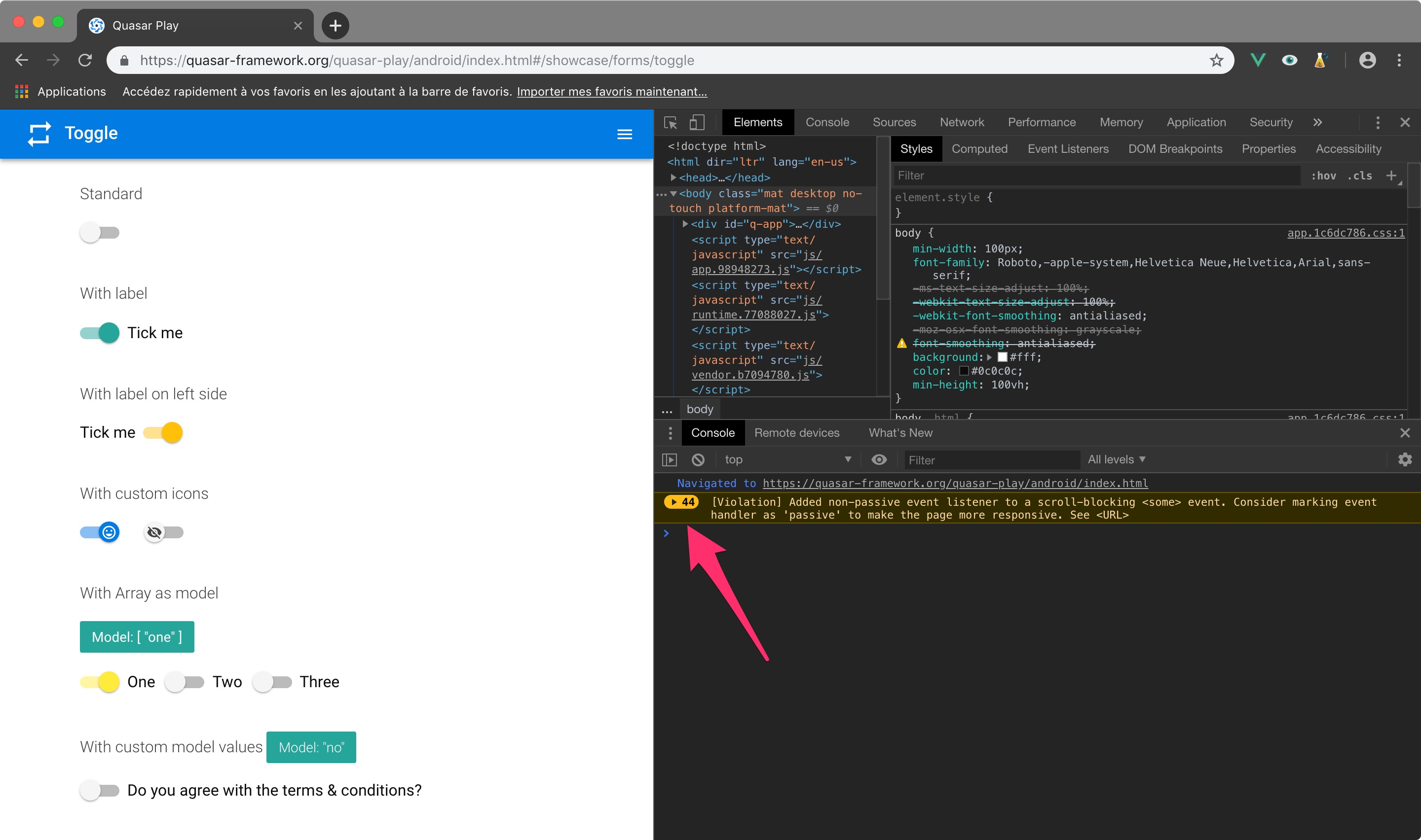 QToggle : [Violation] Added non-passive event listener to a scroll ...