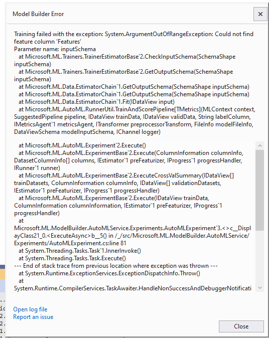 Could not find feature column 'Features' Parameter name: inputSchema · Issue #987 · dotnet ...