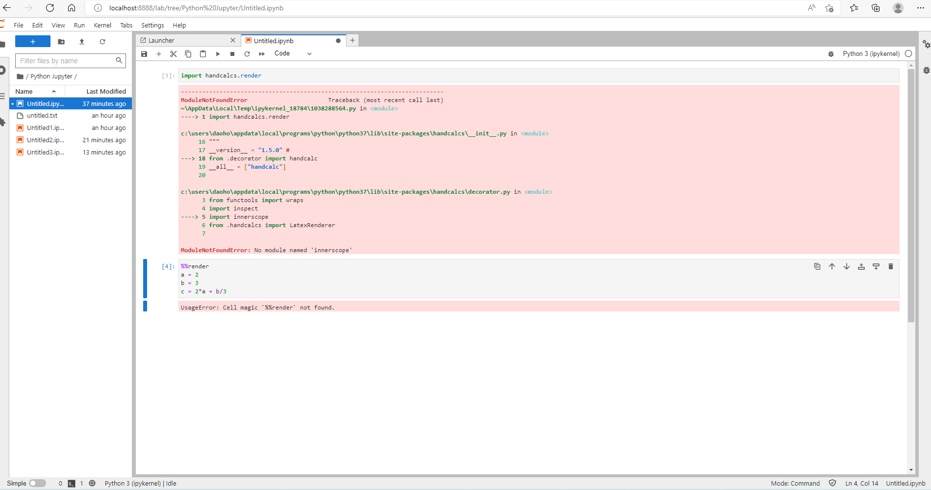 Can't access Handcalcs: ModuleNotFoundError Traceback (most recent call ...