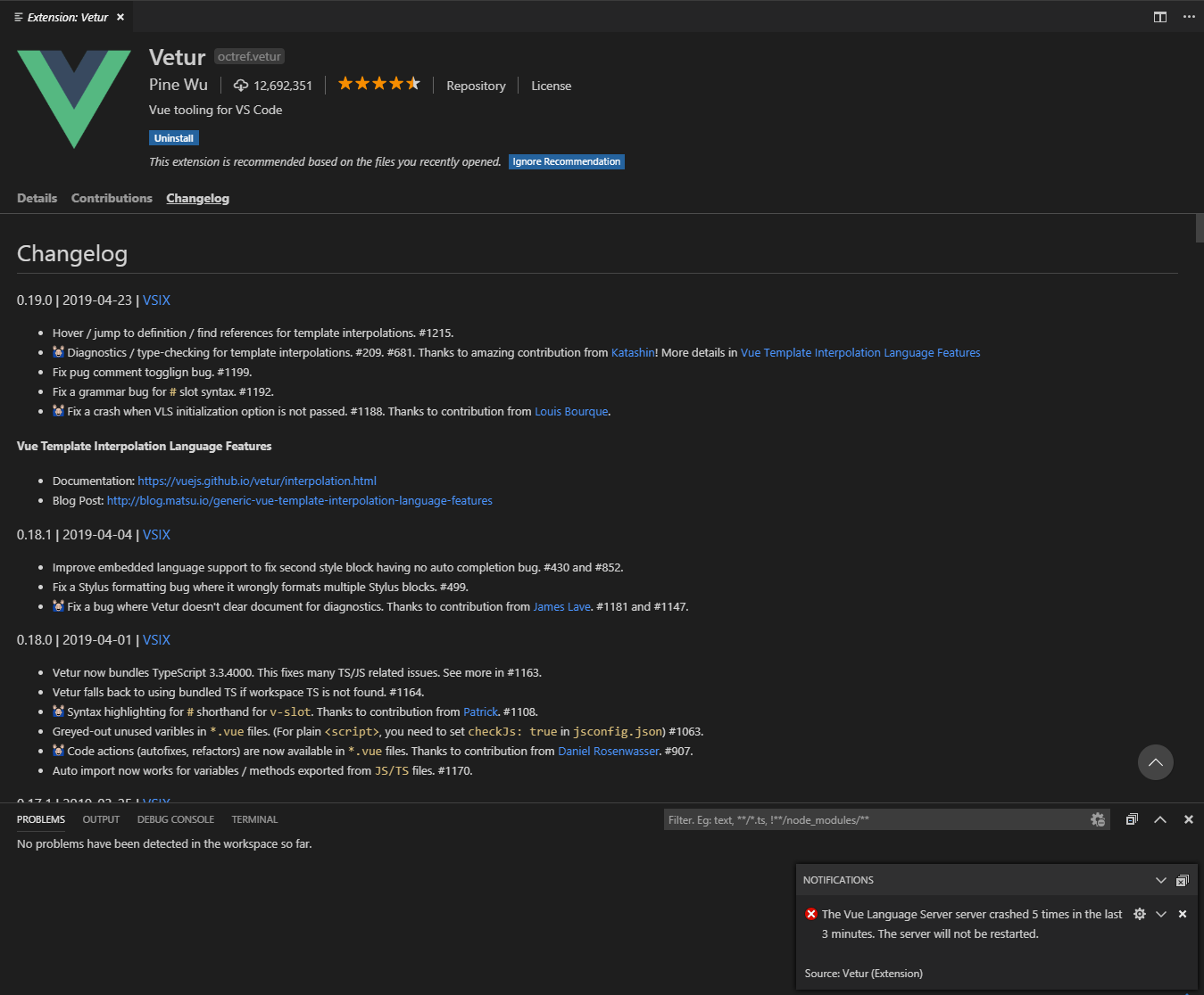 Vetur crashes after upgrade to 0.19 · Issue #1225 · vuejs/vetur · GitHub