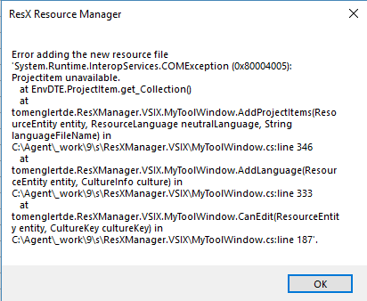 Exception when trying to add a new resource file · Issue #111 · dotnet/ResXResourceManager · GitHub