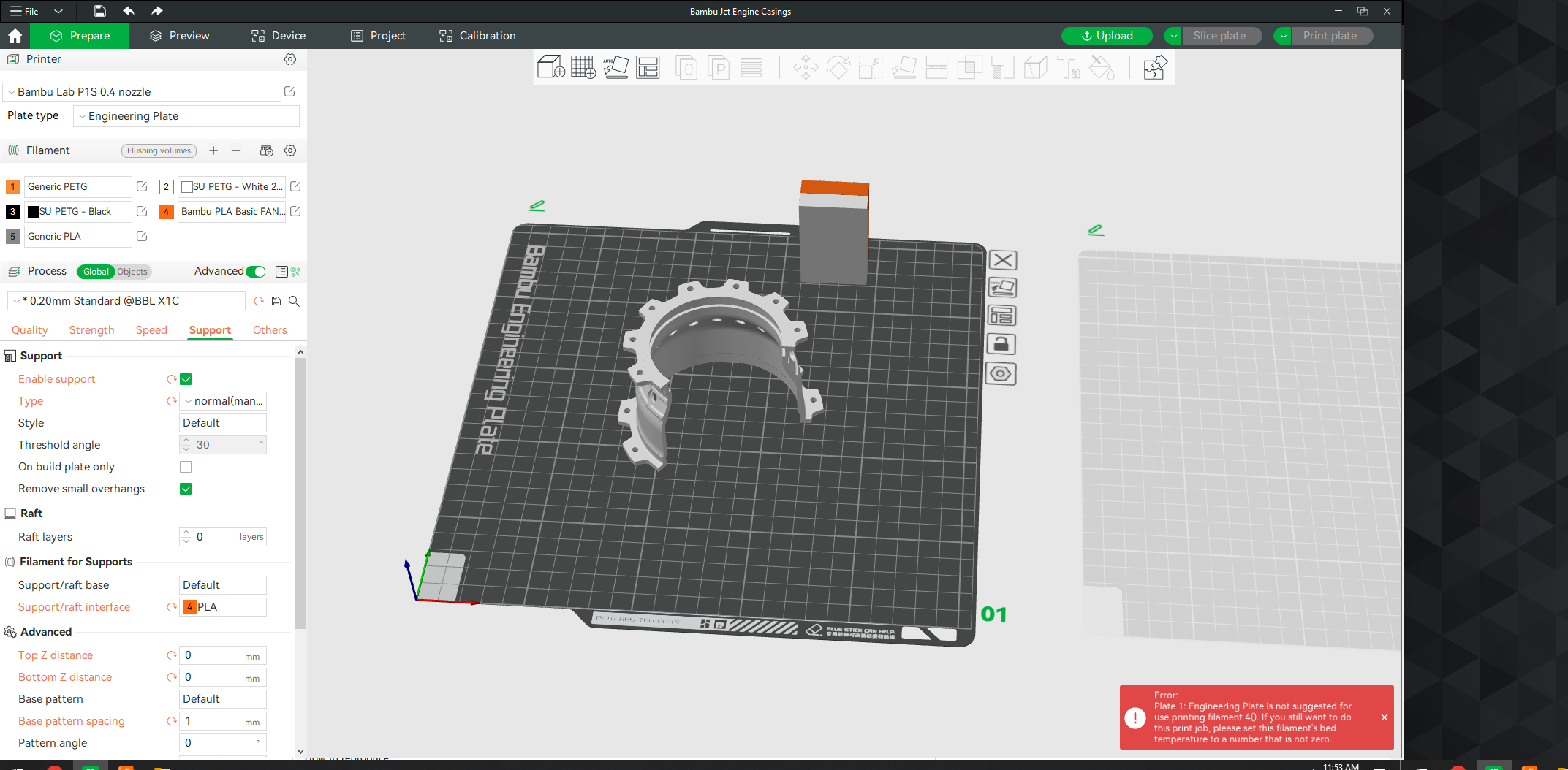 Engineering Plate won't slice with PETG part with PLA support interface ...