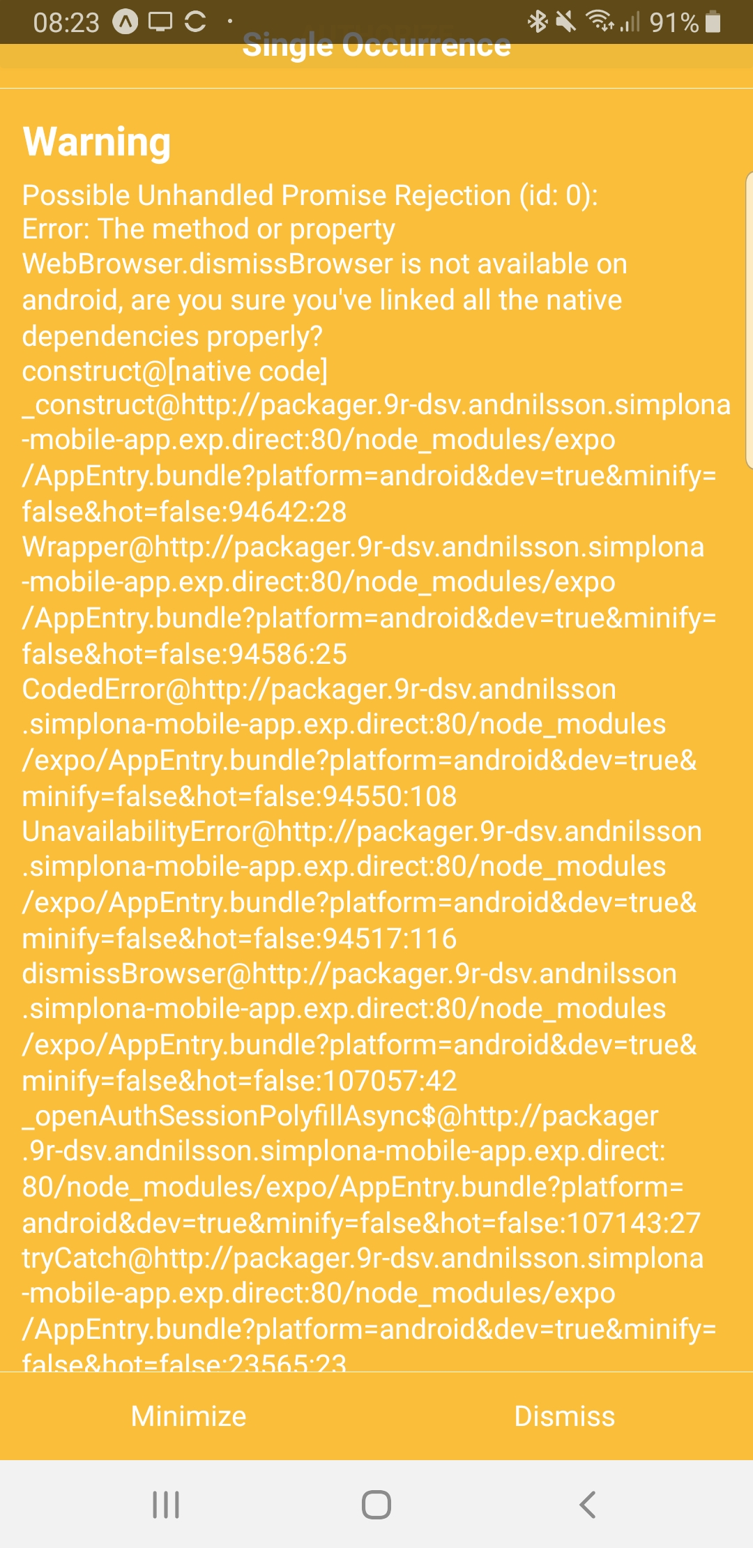 Expo AuthSession sdk33 dismissBrowser missing on android · Issue #4559 · expo/expo · GitHub