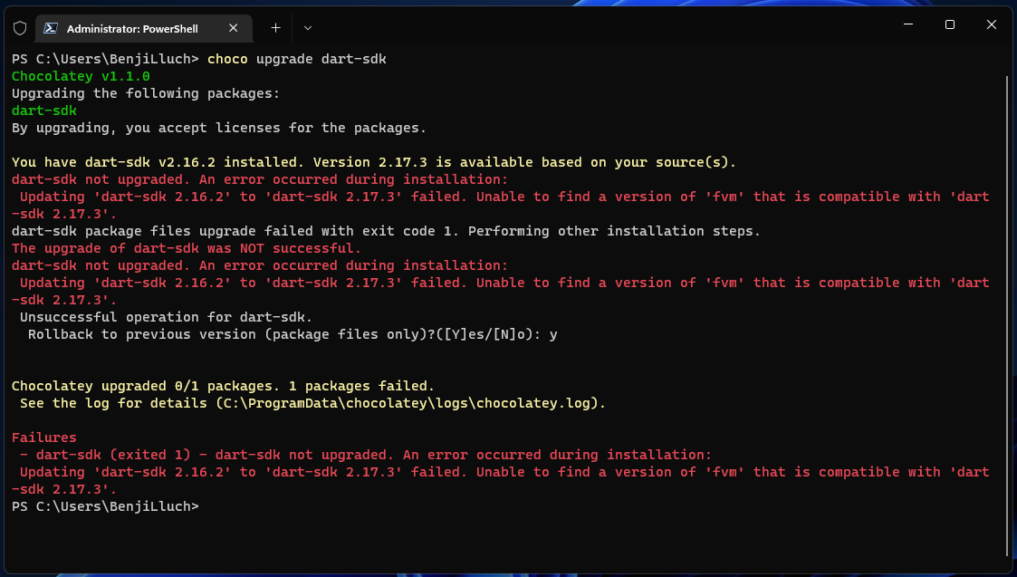 [BUG] chocolatey install. I can't update Dart because FVM has an ...