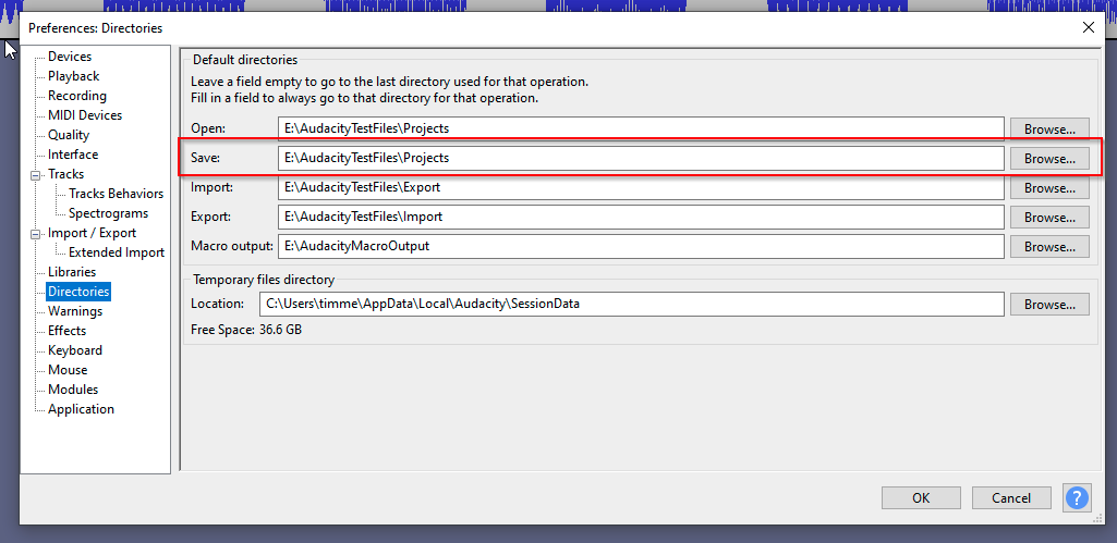 Preferences. Directories. Audacity opens a folder from the 'Export' string instead of the 'Save ...
