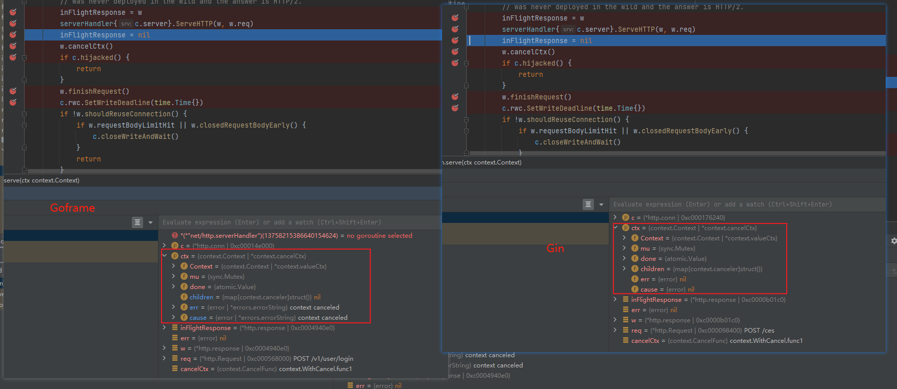 The results produced by Gorame and Gin when encountering a context canceled in the http server ...