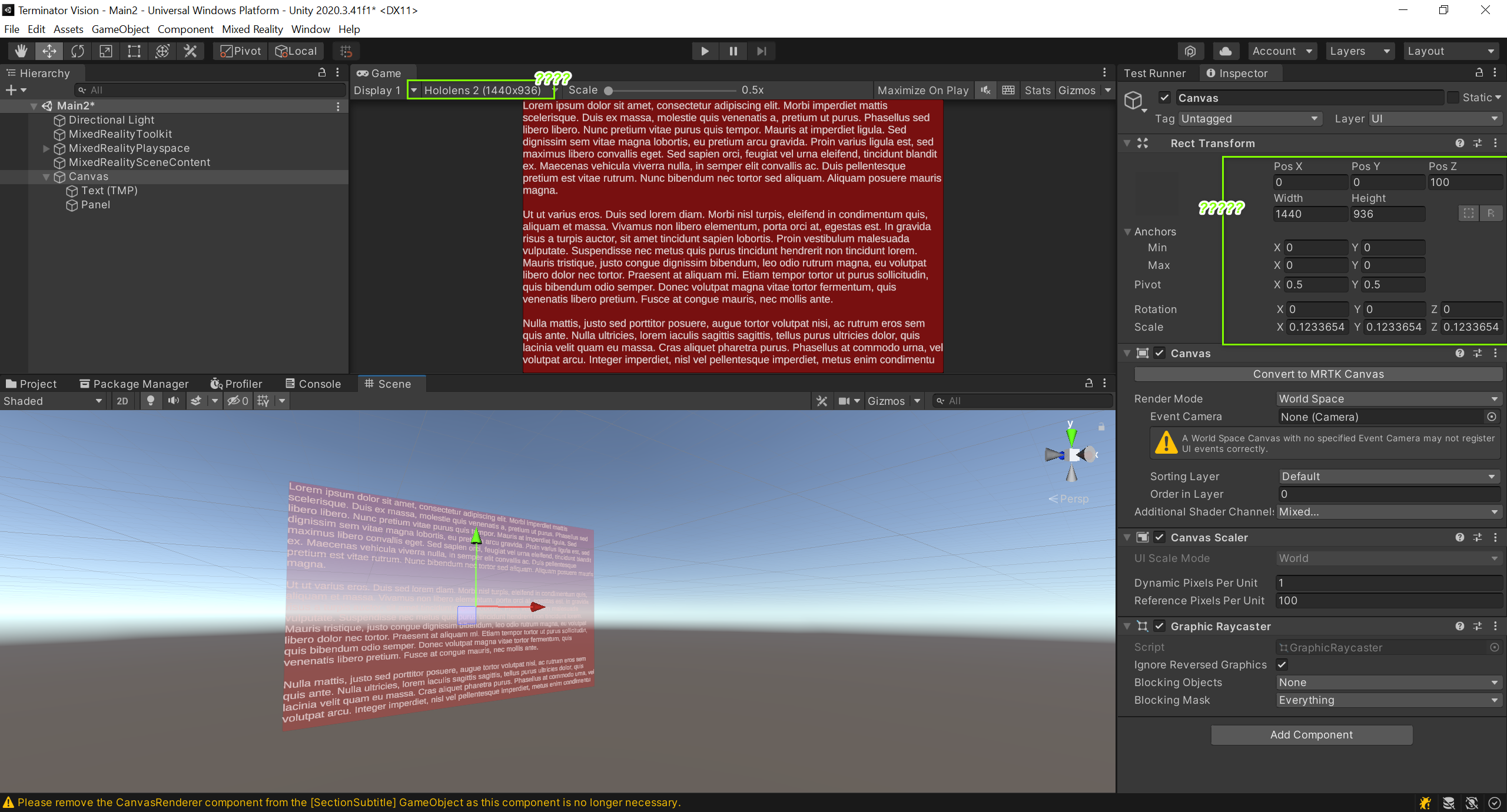 Correct World Space Canvas Settings scale Pos z Width Height