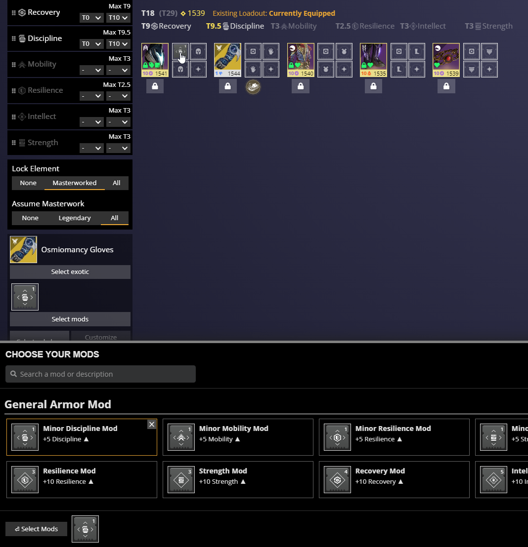 Already selected mods in the Loadout Optimizer aren't respected when switching mod type windows ...