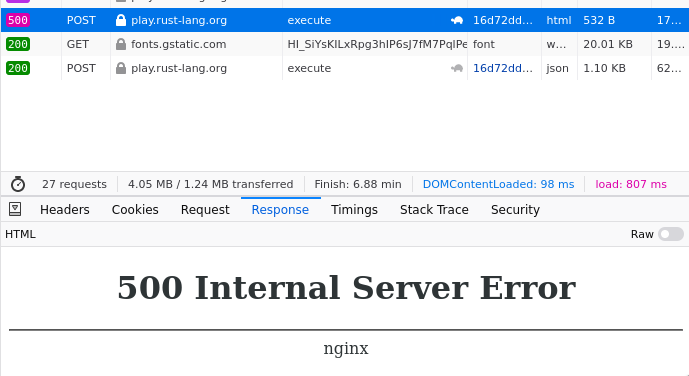 Intermittent 500 errors with play.rust-lang.org · Issue #930 · rust-lang/rust-playground · GitHub