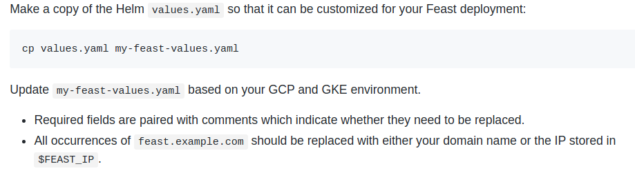 No indications of values to be replaced in values.yaml for feast installation into cluster ...