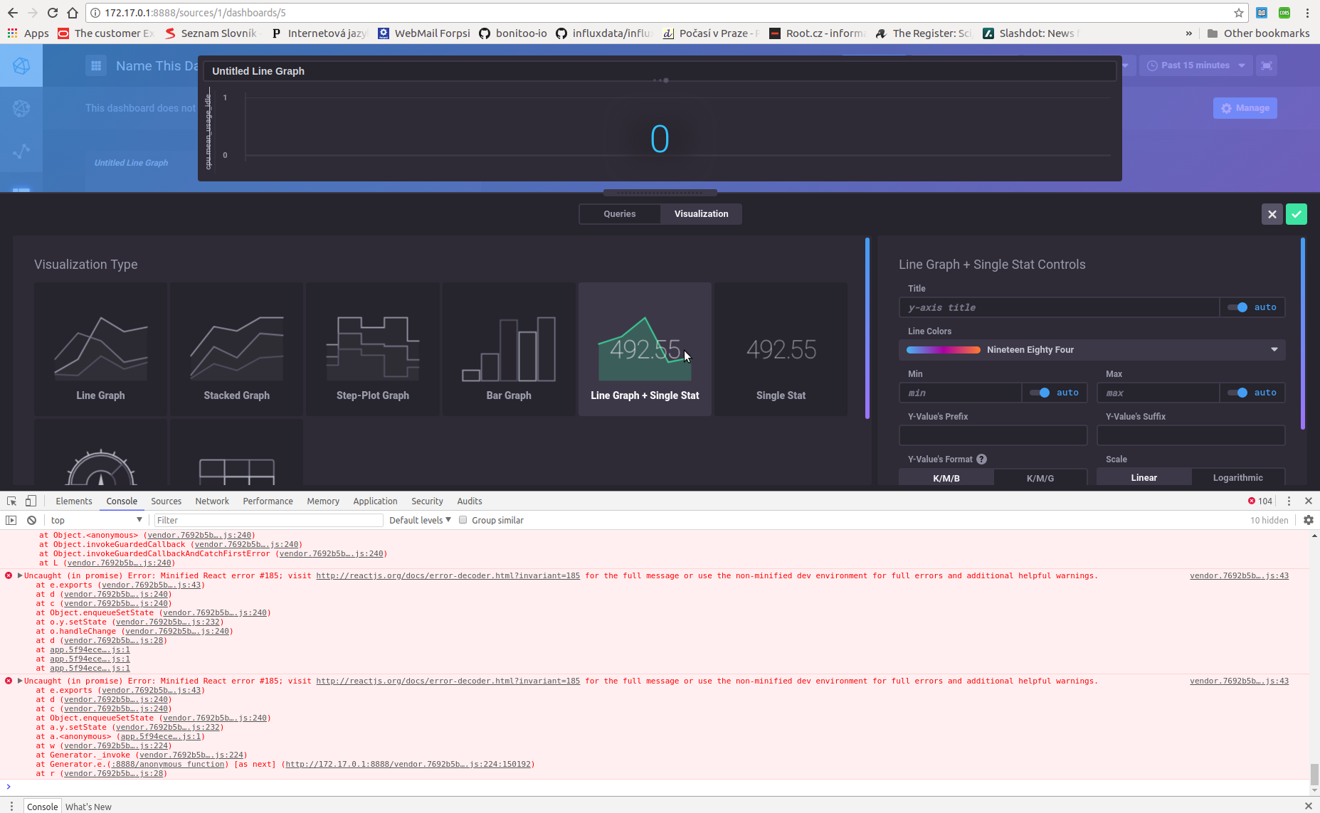 Dashboard Graph - select Line Graph + Single Stat Visualization leads to "Minified React error ...