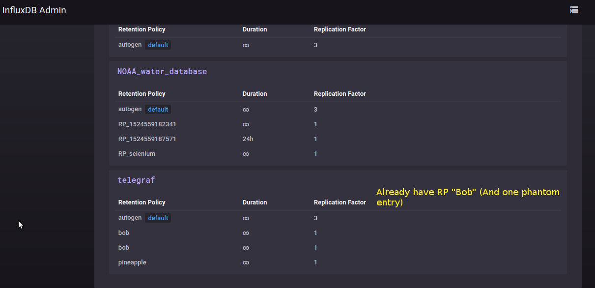Adding Rp With Same Name As Existing Policy Should Not Appear To Work In Influxdb Admin · Issue