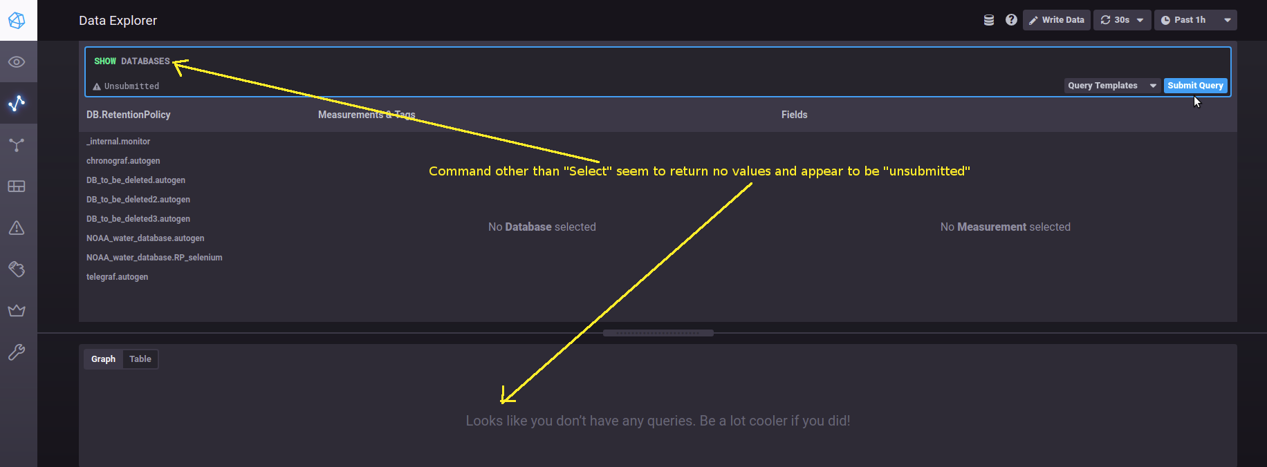 Dataexplorer Unable To Use Influxql Commands Other Than Select