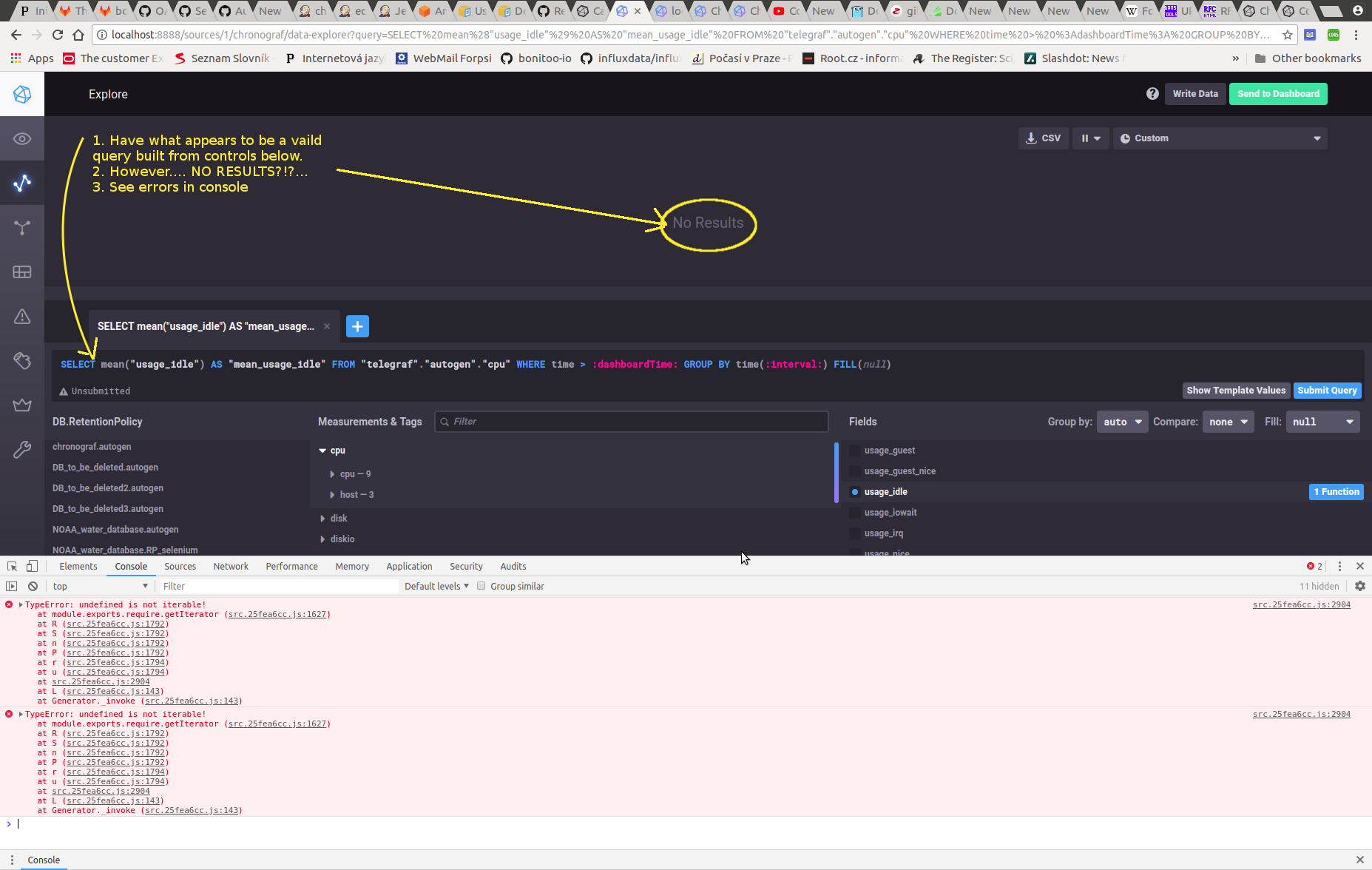 Data Explorer - Results area shows no results - TypeError: undefined is ...