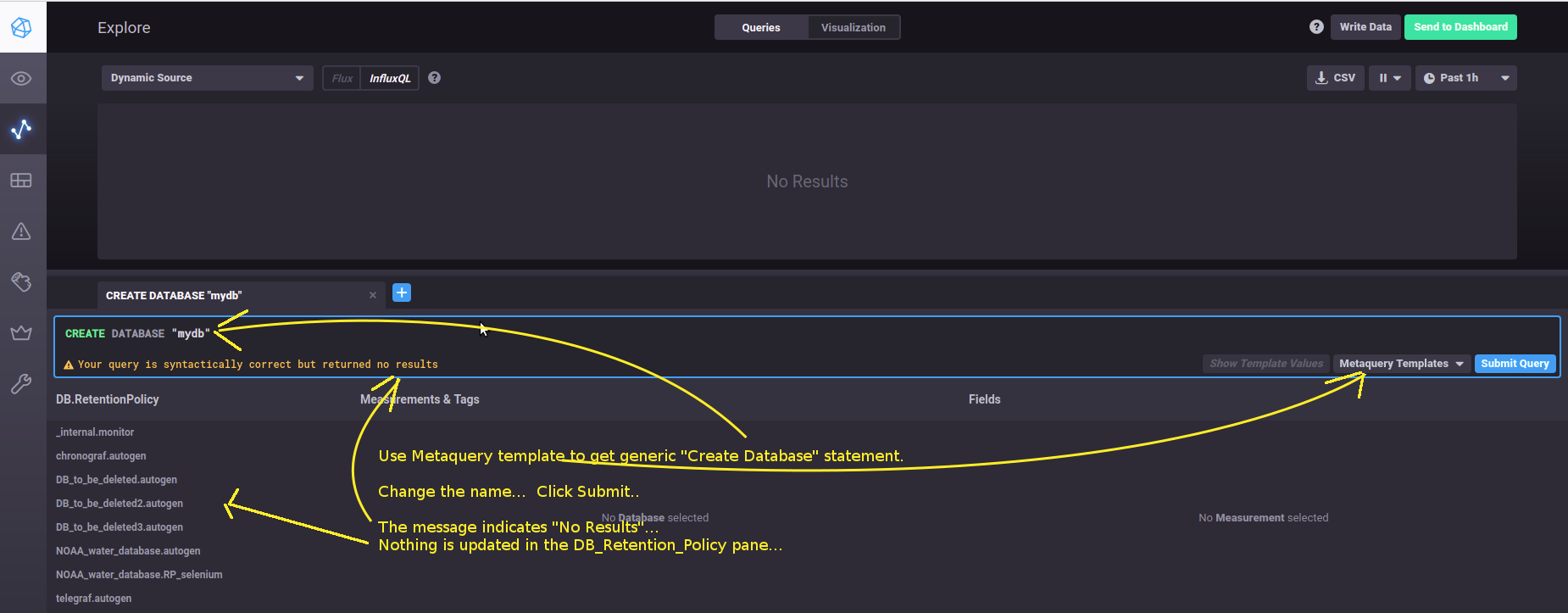 Data Explorer - Create/Drop database post transaction messages should use HTTP response codes ...