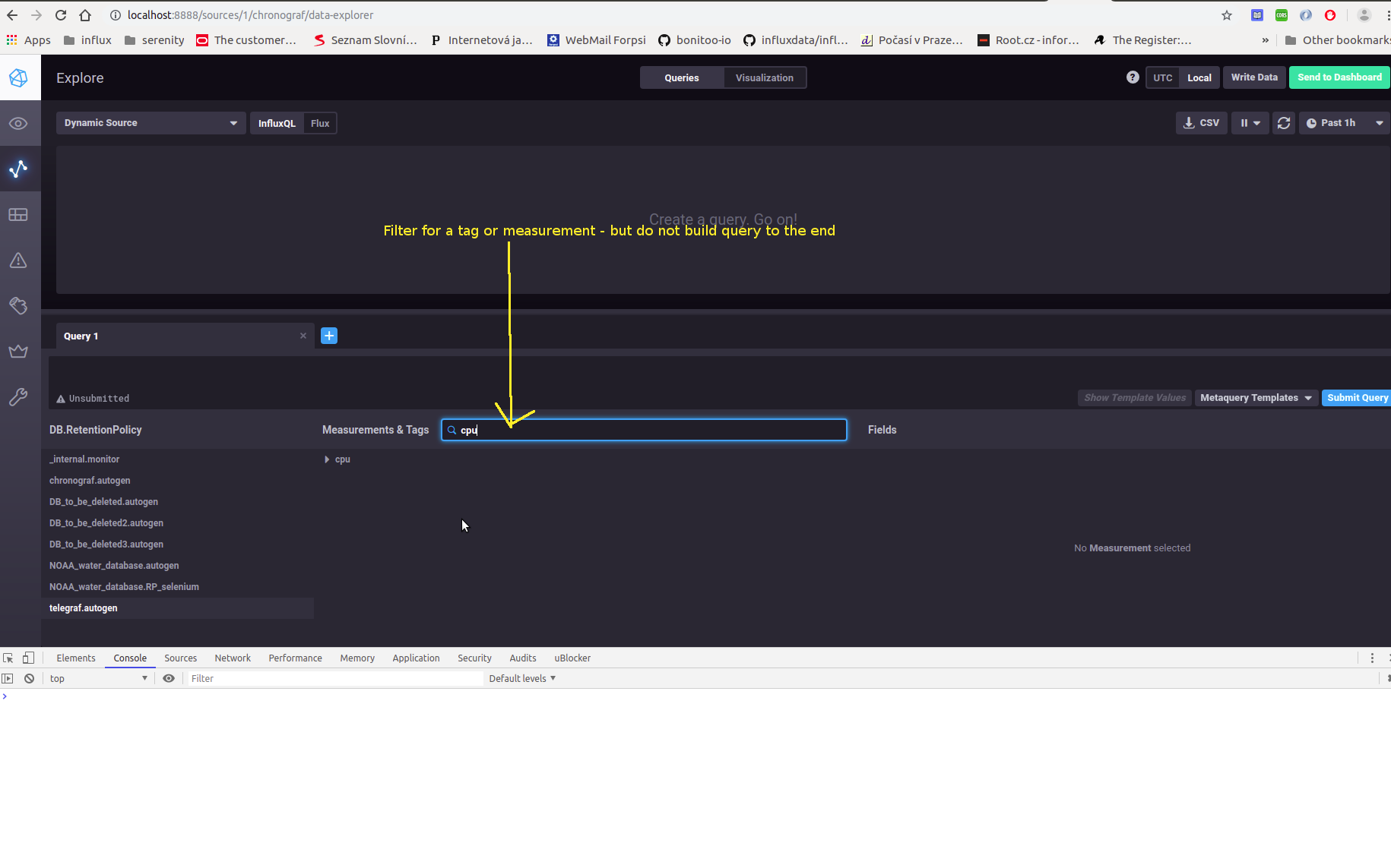 Data Explorer - influxQL dangling filter arguments cause Data Explorer to fail to render on ...