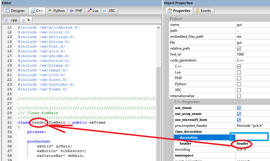 Incorrect handling of property "Class_decoration" for project option "C++ properties." The ...