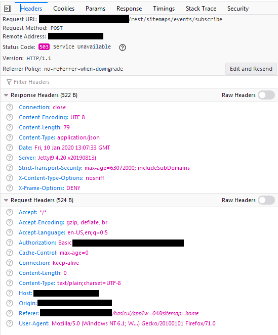 HTTP-Status response 503 when try to subscribe /rest/sitemaps/events ...
