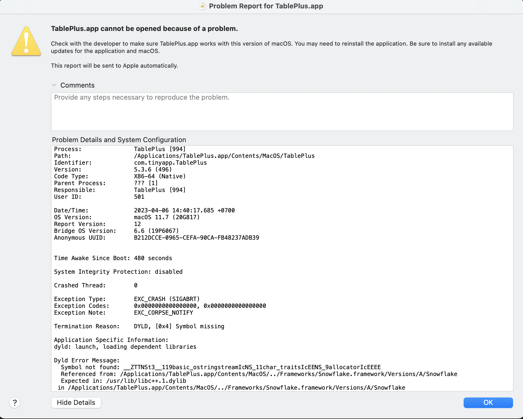 TablePlus crash on open macOS Big Sur (11.7) · Issue #2993 · TablePlus/TablePlus · GitHub