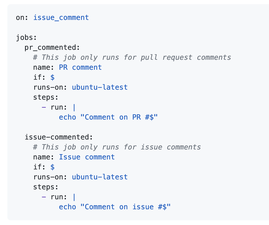 Code block showing issue_comment PR vs issue differentiation not appearing correctly in docs ...