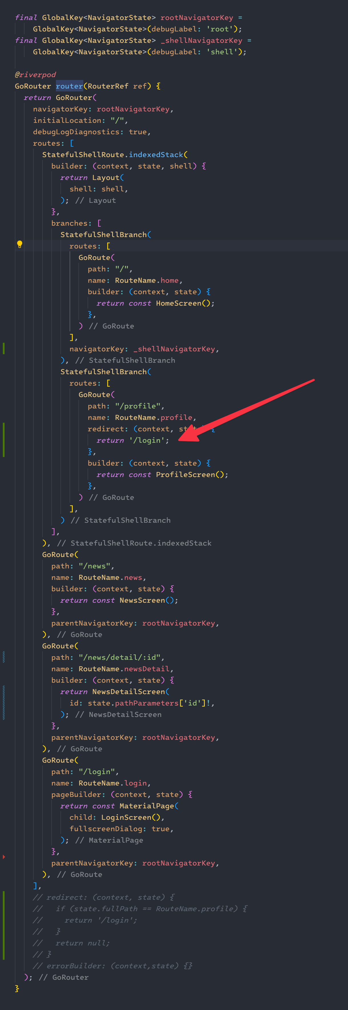 [go_router]I want to route from the shell to redirect to the login, but I can't return. What ...