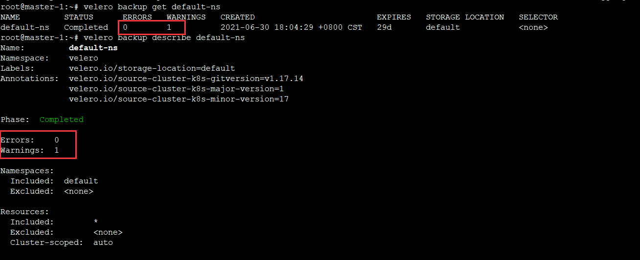 Do not display warnings and error messages with the “velero backup ...