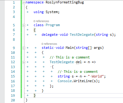 Lambda Formatter indents incorrectly if opening brace is misaligned · Issue #32438 · dotnet ...