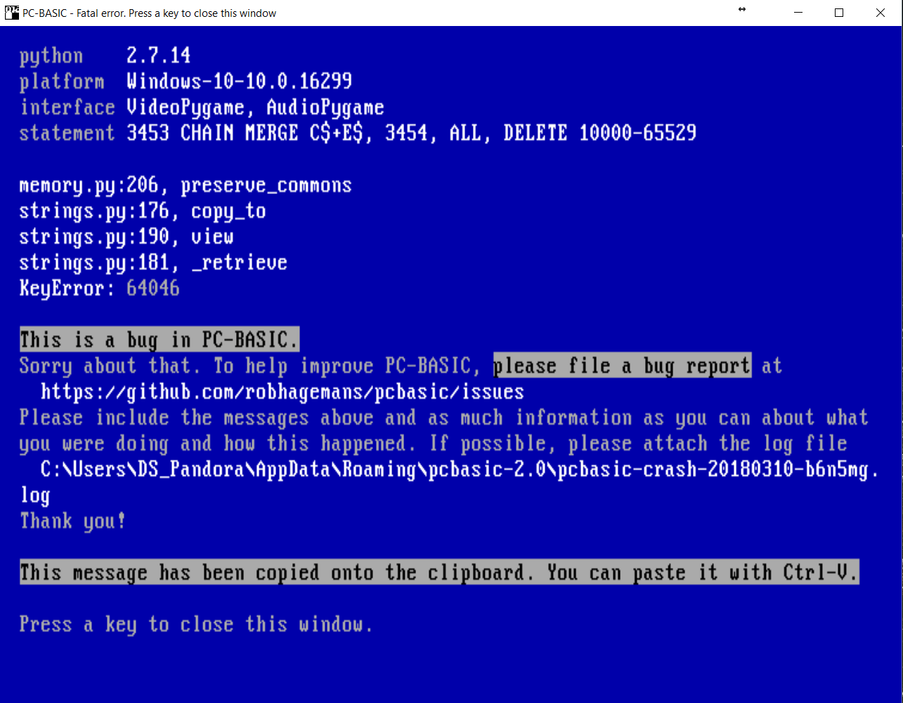 Problem with CHAIN MERGE · Issue #65 · robhagemans/pcbasic · GitHub