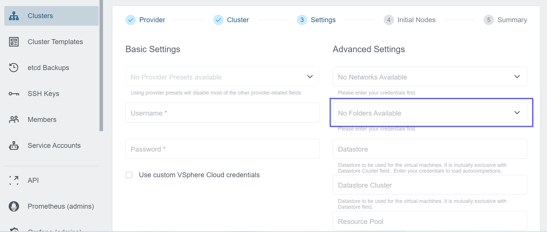 Missing field under "Provider Presets" when compared to that on the Create Cluster screen ...