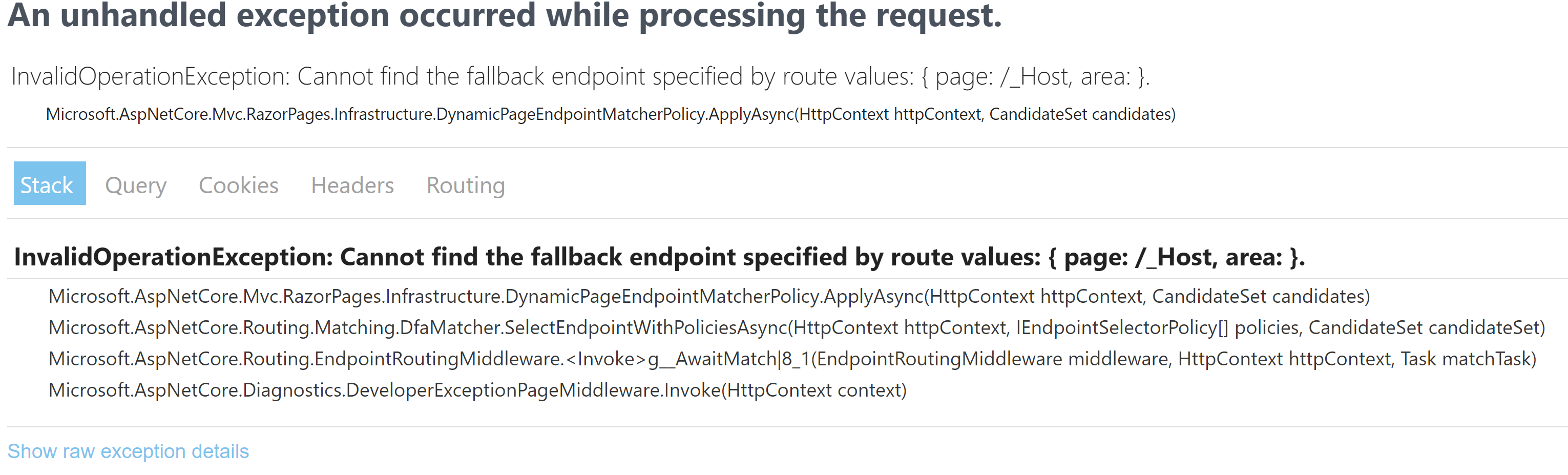 InvalidOperationException: Cannot find the fallback endpoint specified by route values: { page ...