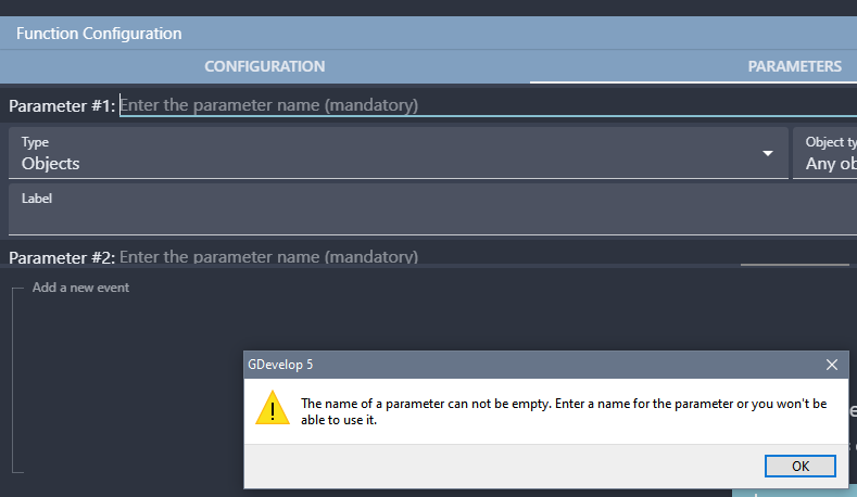 Two parameters without a name cause an error loop · Issue #3888 · 4ian/GDevelop · GitHub