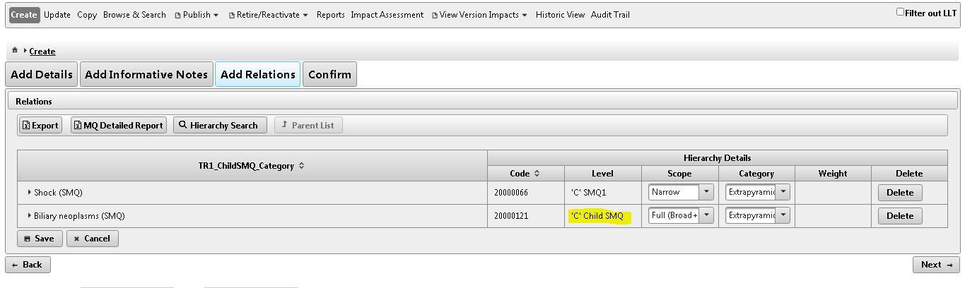 Level changes from "Child SMQ" to SMQ2 for a subordinate SMQ when added ...