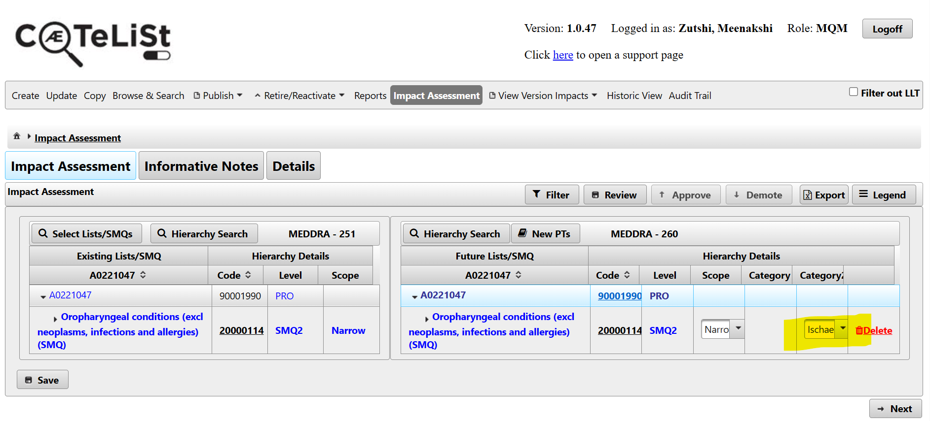 Report: Impact Assessment (Category2 is not displayed for level SMQ if algorithm is set to 'N ...