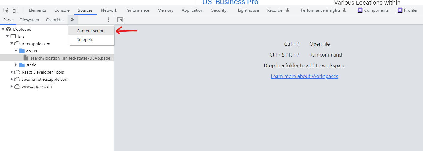 Unable to navigate to Content Scripts tab present in Source Tab by clicking double right arrow ...
