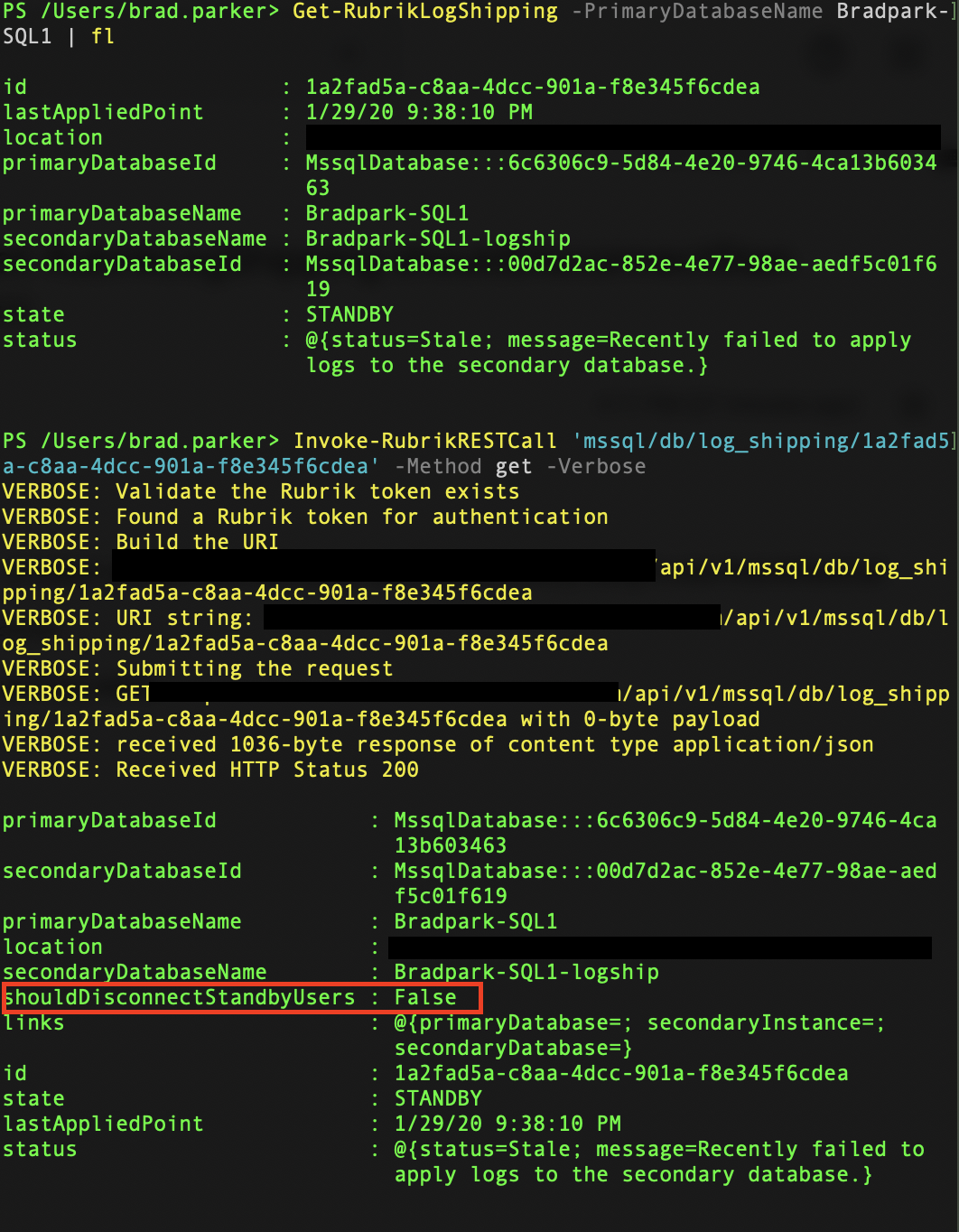 Get-RubrikLogShipping shouldDisconnectStandbyUsers property not ...