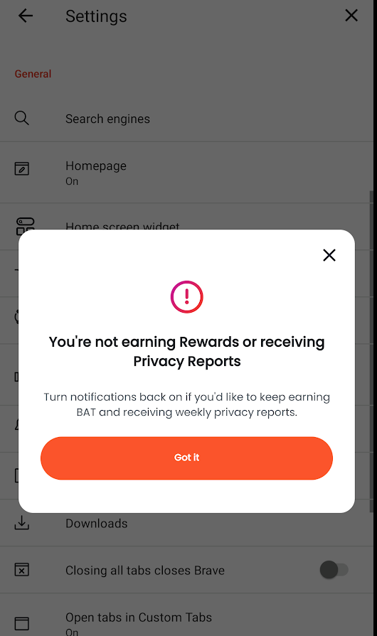 `Turn on Brave notification` button not working for both `rewards ...