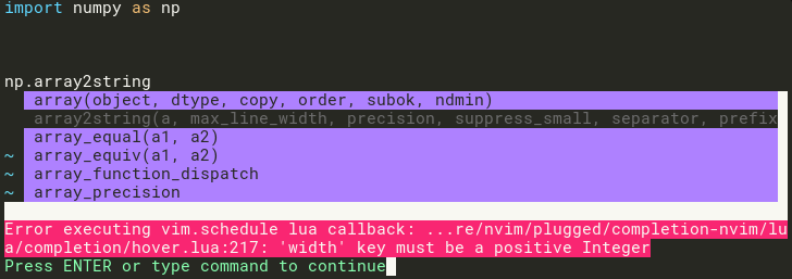 Unhandled error when no space for hoover window · Issue #76 · nvim-lua/completion-nvim · GitHub