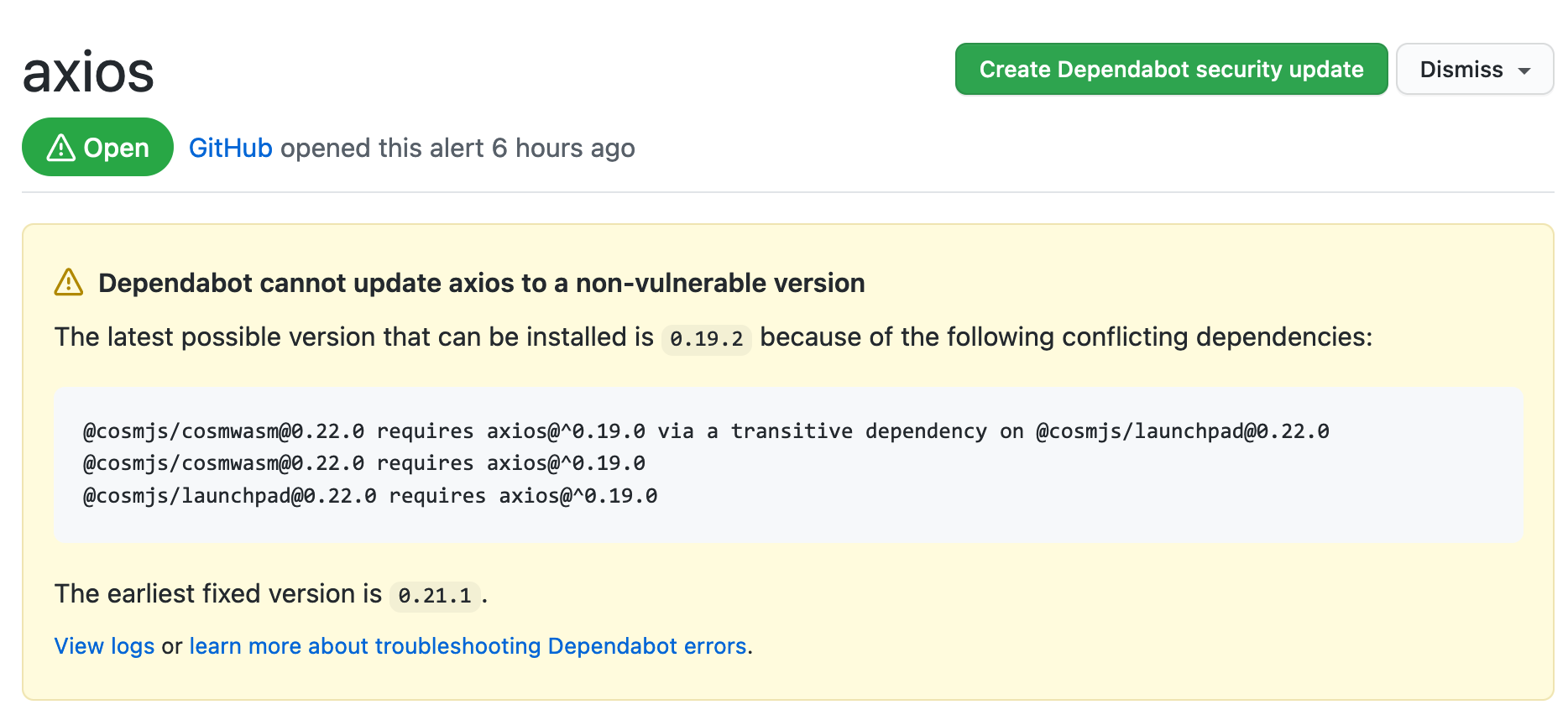 Backport axios update to CosmJS 0.23 · Issue #598 · cosmos/cosmjs · GitHub