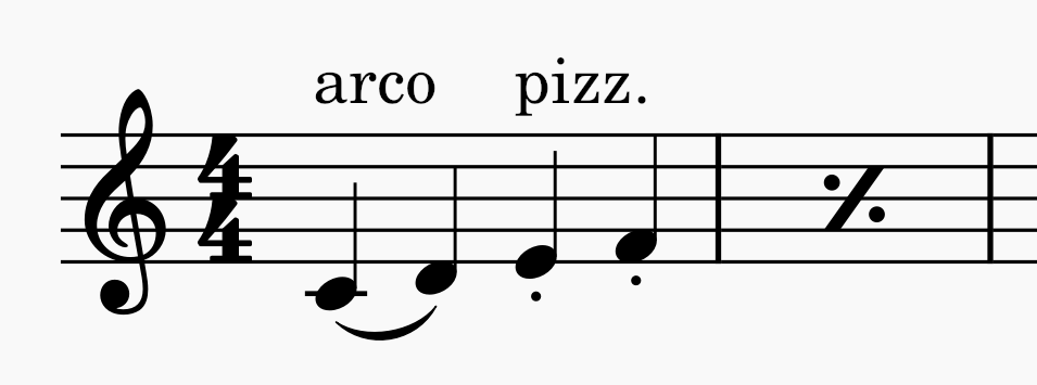 "Repeat last bar" symbol doesn't repeat pizzicato and arco instructions ...