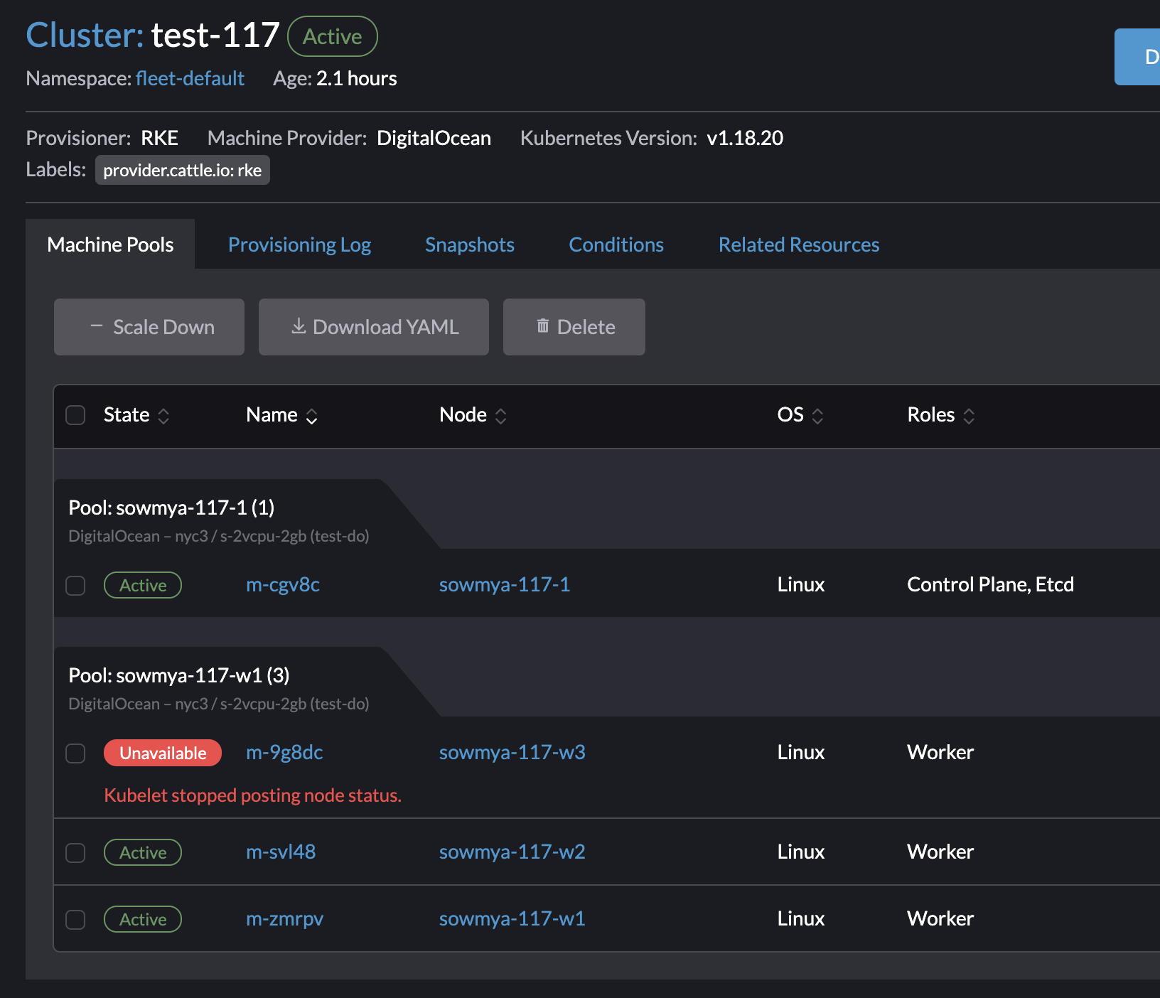 Unavailable node is seen Active in Cluster Management --> Machine Pools ...