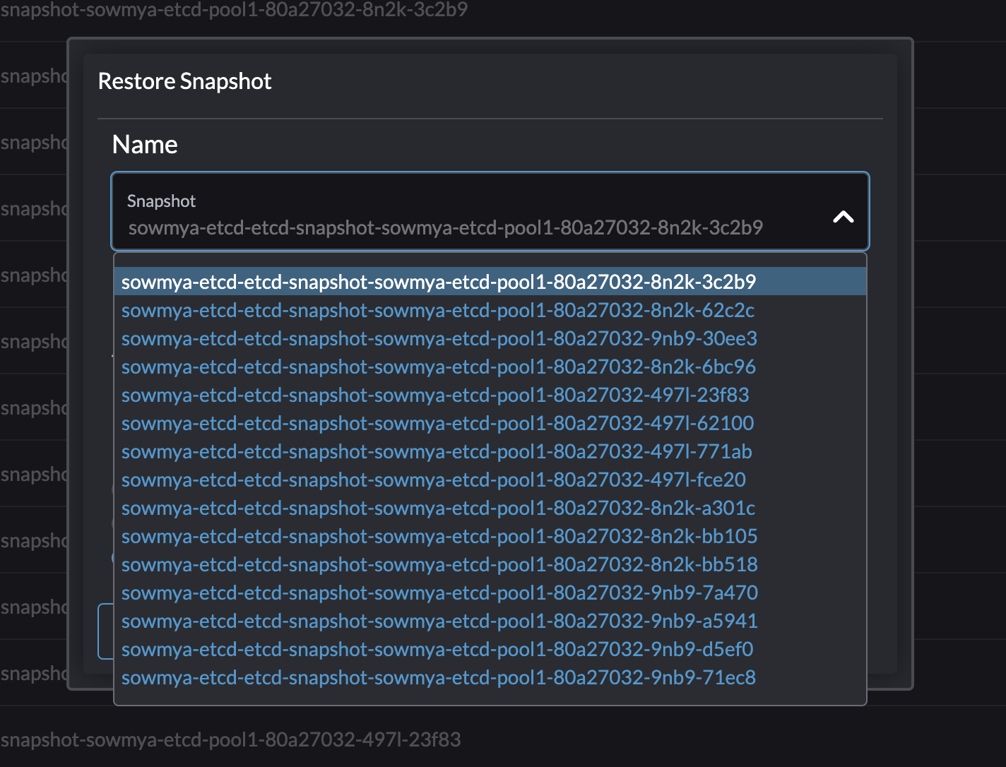 Snapshot's age is missing in the dropdown window during etcd restore in ...