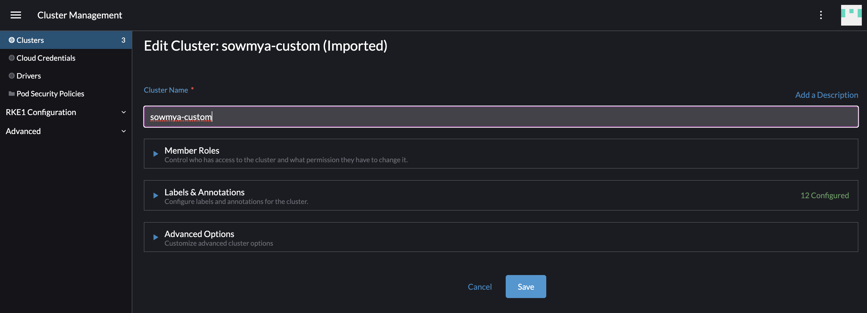 `config` view of custom rke2 cluster brings user to the `edit imported cluster` screen instead ...
