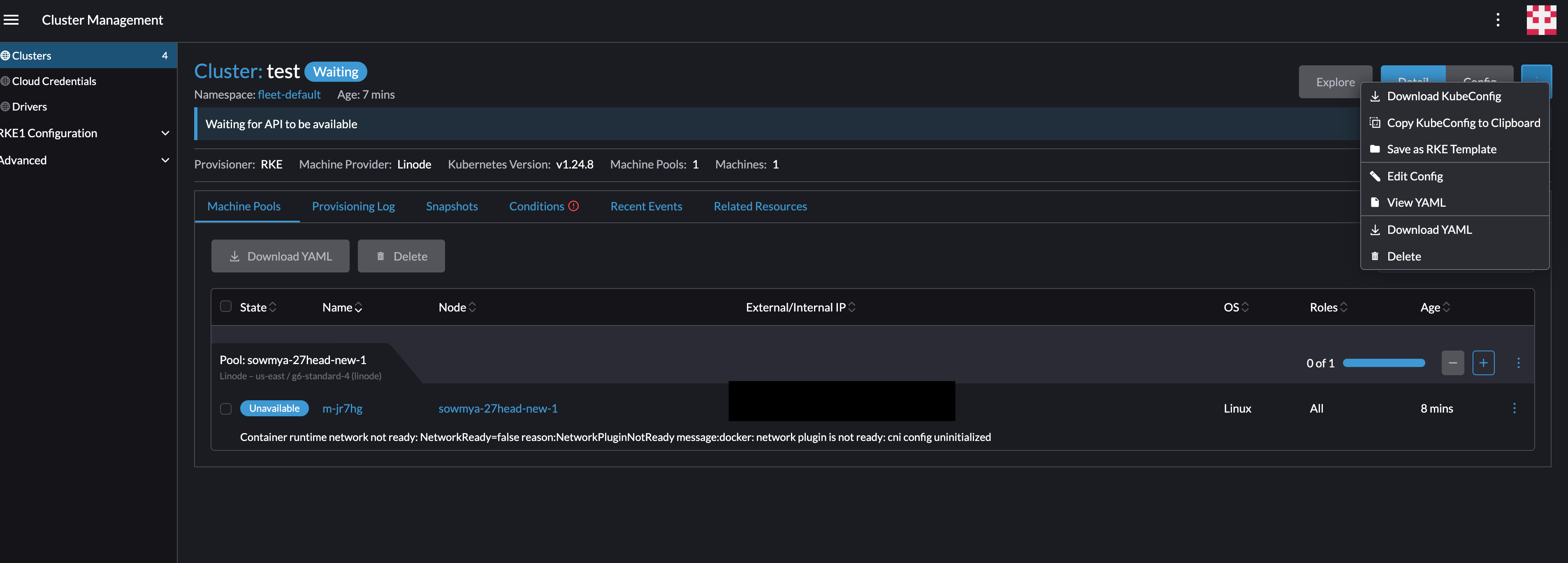 Rancher 2.6.x does not allow to download RKE downstream KUBECONFIG provisioned without network ...