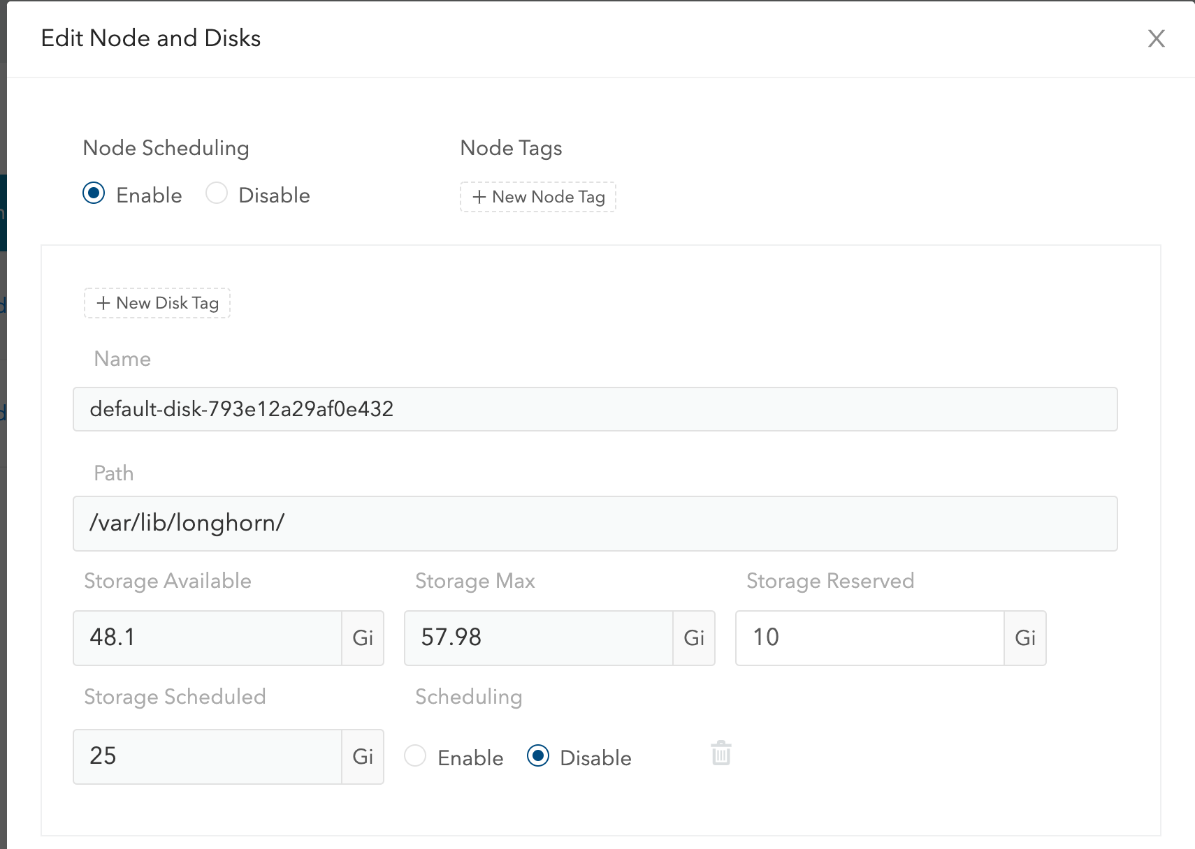 [BUG] Storage fields for a disk on a node seem like they are editable but cannot be edited ...