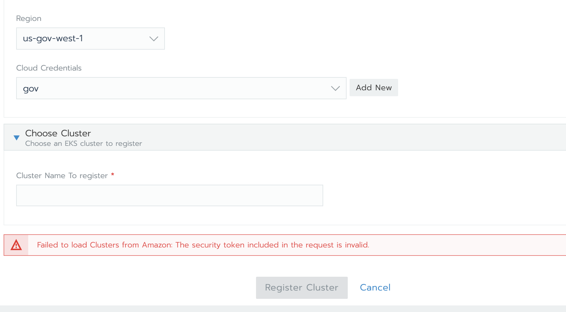 "Failed to load Clusters from Amazon:" error seenn while importing EKS clusters on changing ...