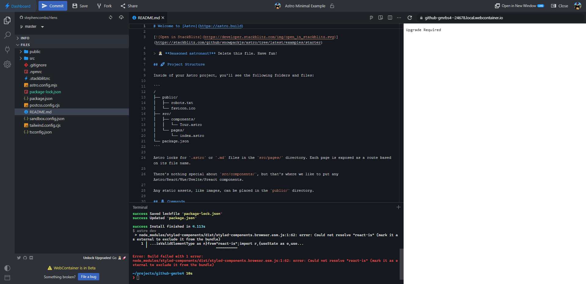 Astro Js Example Says Upgrade Required · Issue 484 · Stackblitz Webcontainer Core · Github