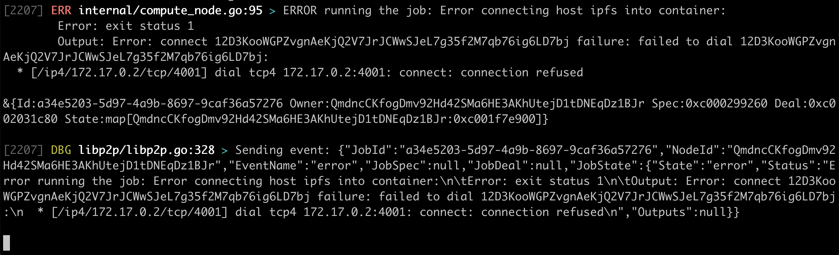 Job submission failure with devstack and docker: "Error connecting host ipfs into container ...