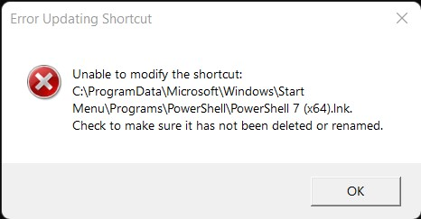Message | 'Unable to modify the shortcut' · Issue #20024 · PowerShell/PowerShell · GitHub