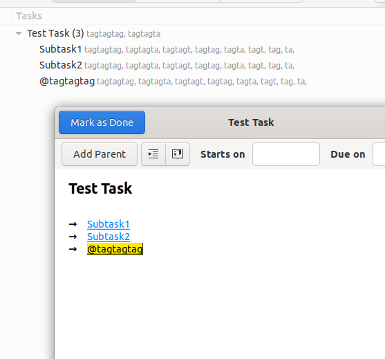 BUG: Tagging in a NEW mastertask with subtasks creates mangled text in ...