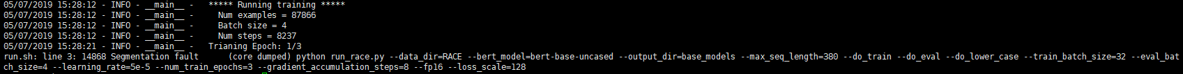 core dumped · Issue #1 · NoviScl/BERT-RACE · GitHub